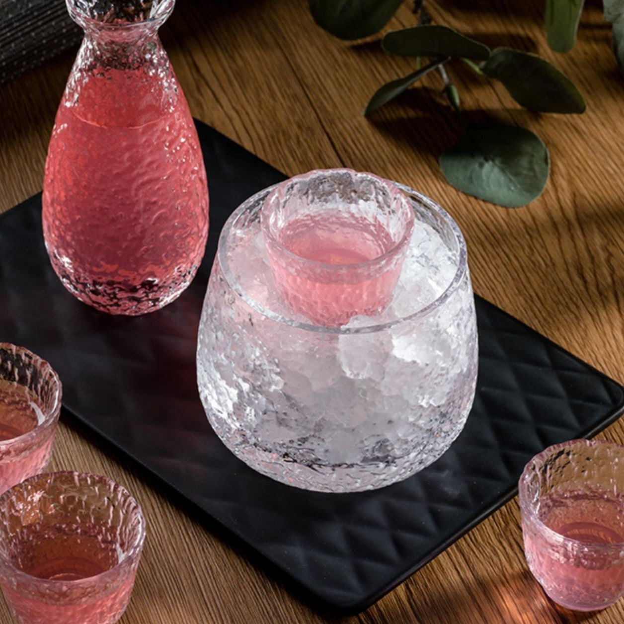 Glass Sake Set with Warmer | Japanese Whisky Bottle & Cups | Sake Oni