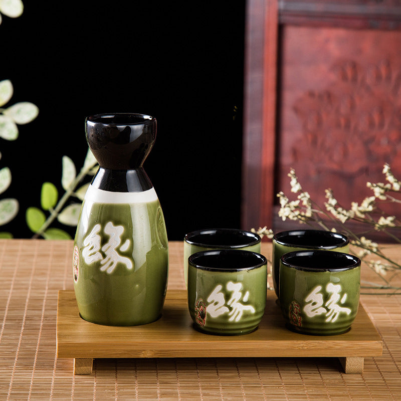 5 Piece Kanji "Fate" Green Sake Set | Sake Oni Japanese Pottery Shop