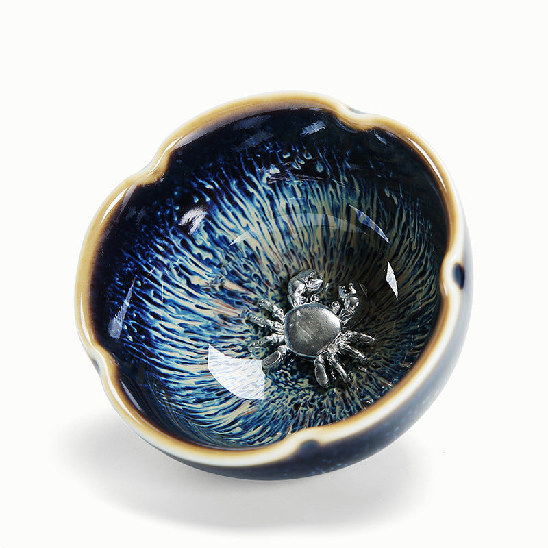 Silver Crab Inlay Ceramic Tea Cup | Sake Oni