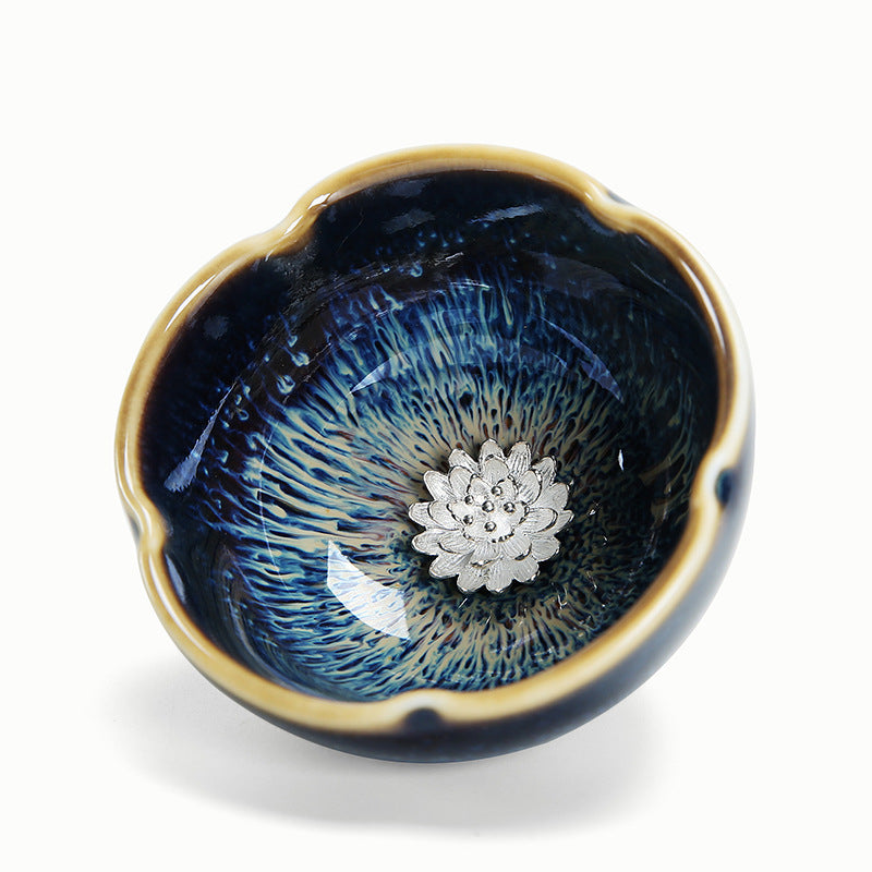 Silver Lotus Inlay Ceramic Tea Cup | Sake Oni