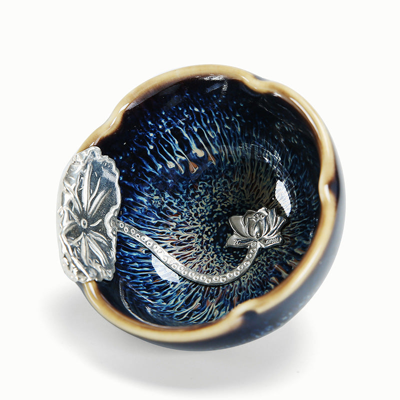 Silver Lotus Leaf Inlay Ceramic Tea Cup | Sake Oni